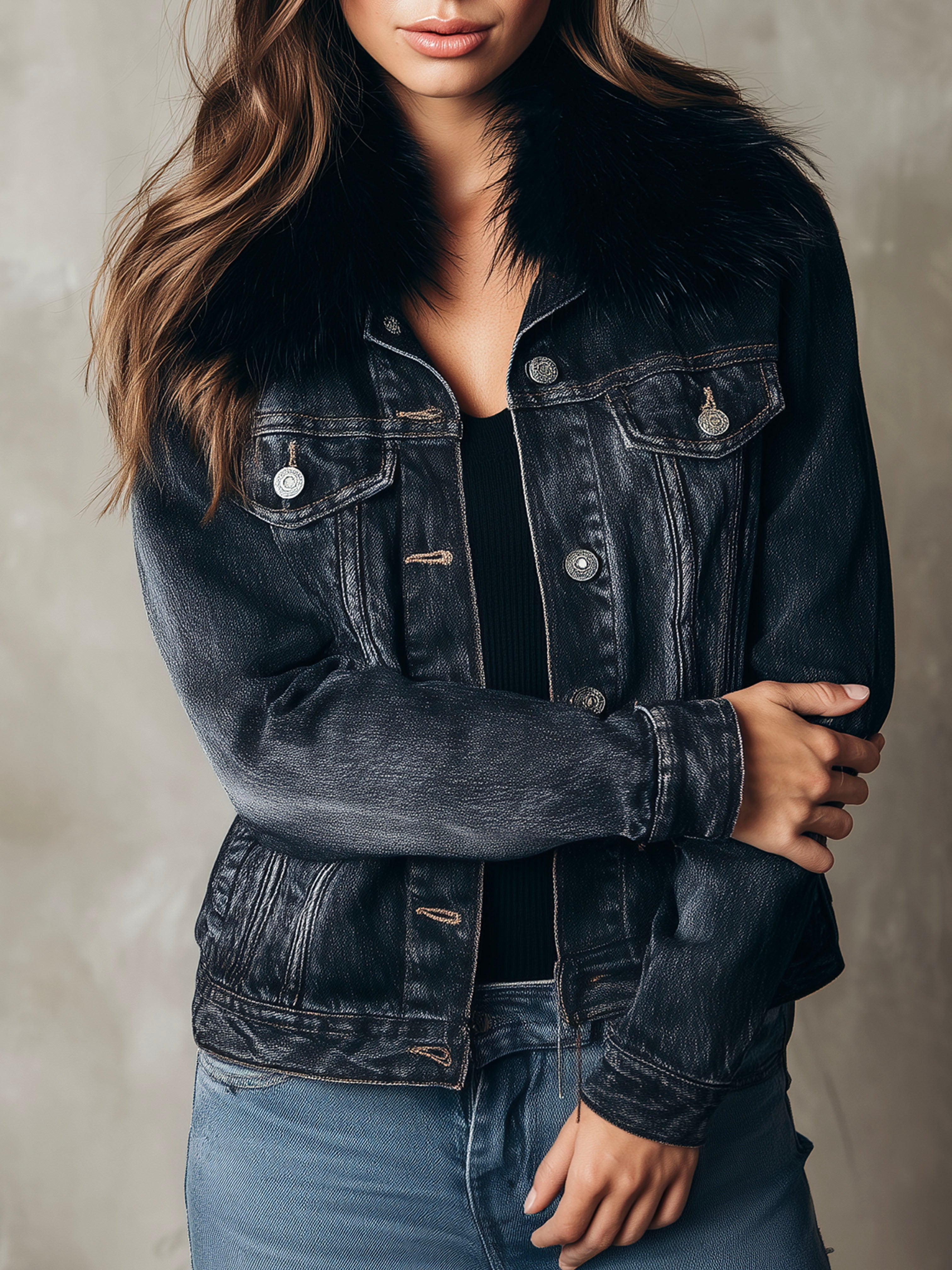 Classic Dark Blue Eco Fur Collar Denim Jacket – BCSHARED