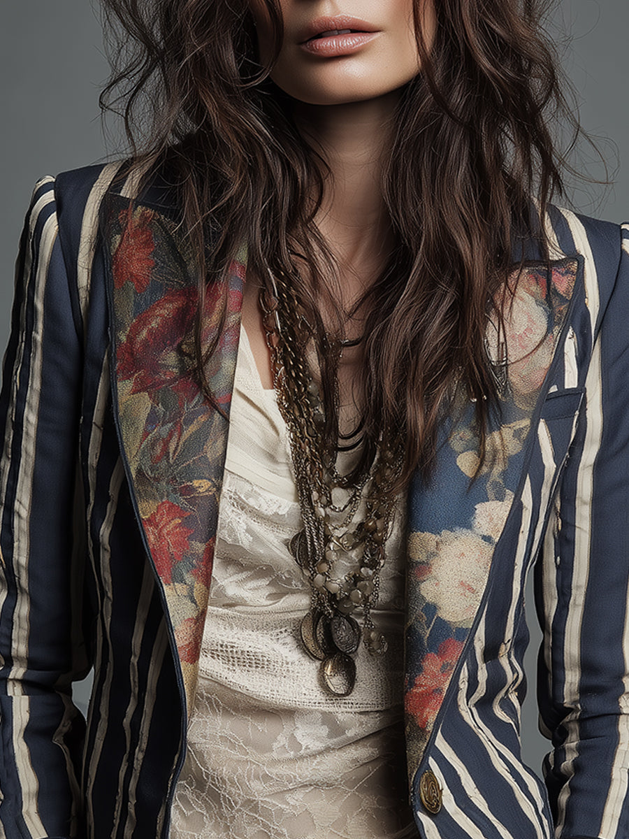 Bohemian Floral Print Cotton And Linen Striped Blazer – BCSHARED