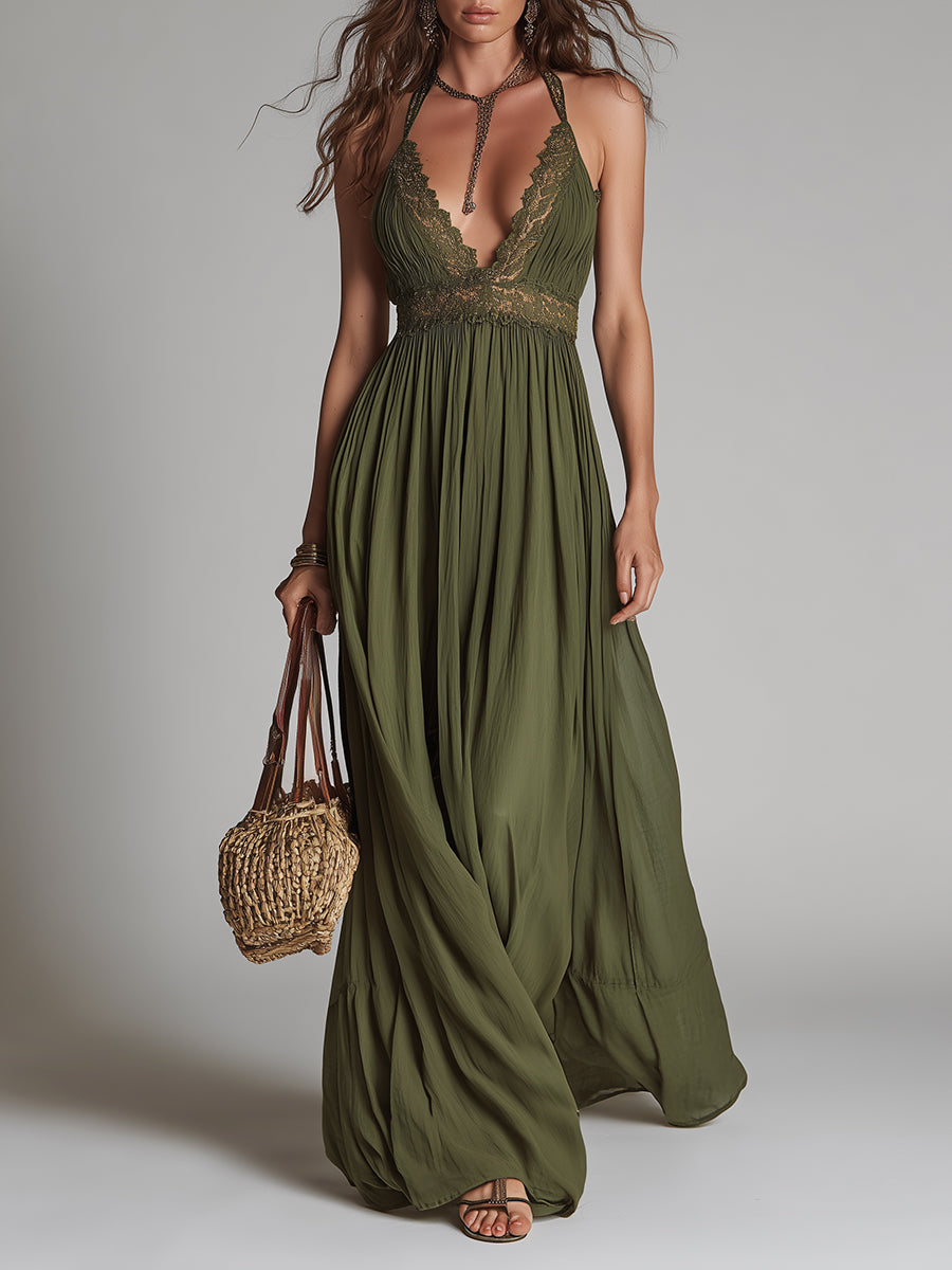 Boho Halter-Neck Maxi Dress With Lace Inserts – BCSHARED