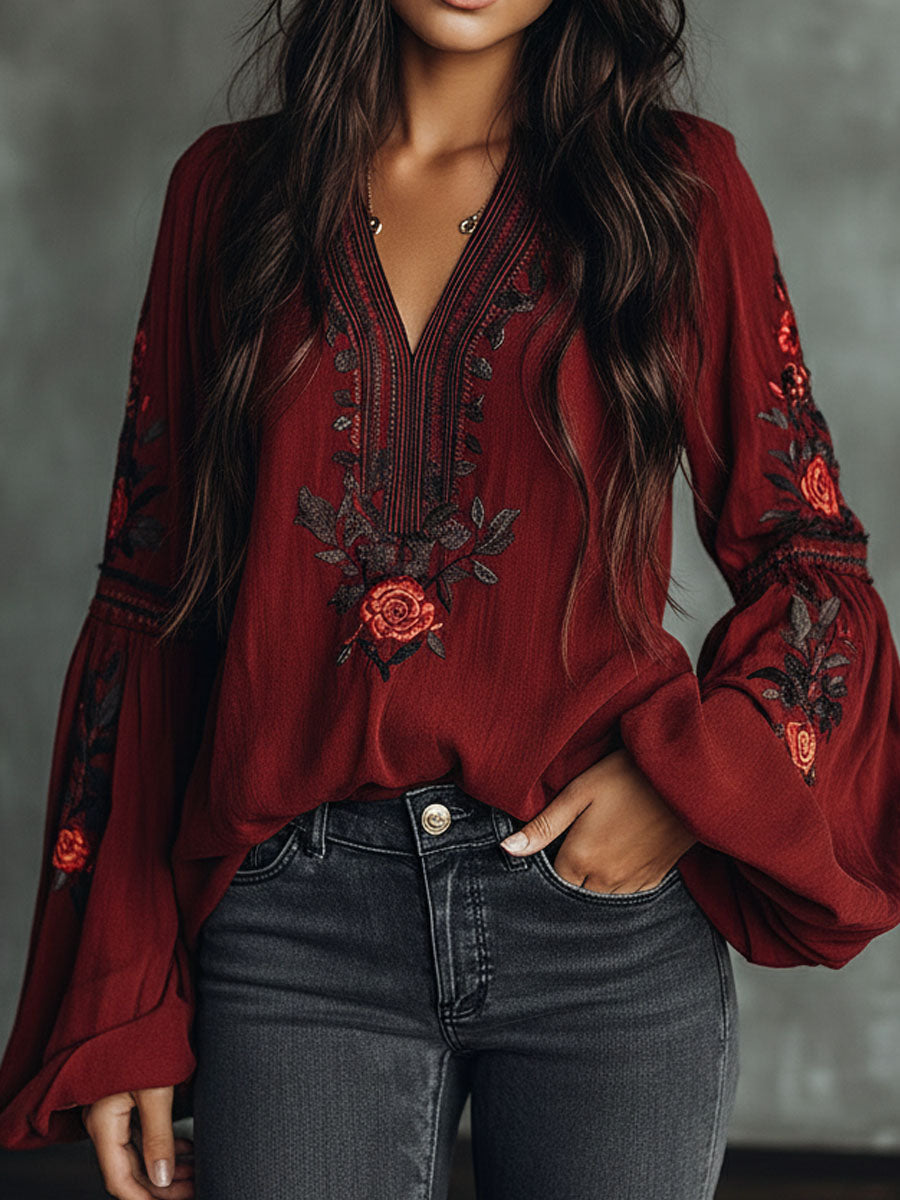 Vintage Red Embroidered Lantern Sleeve Boho Blouse – BCSHARED