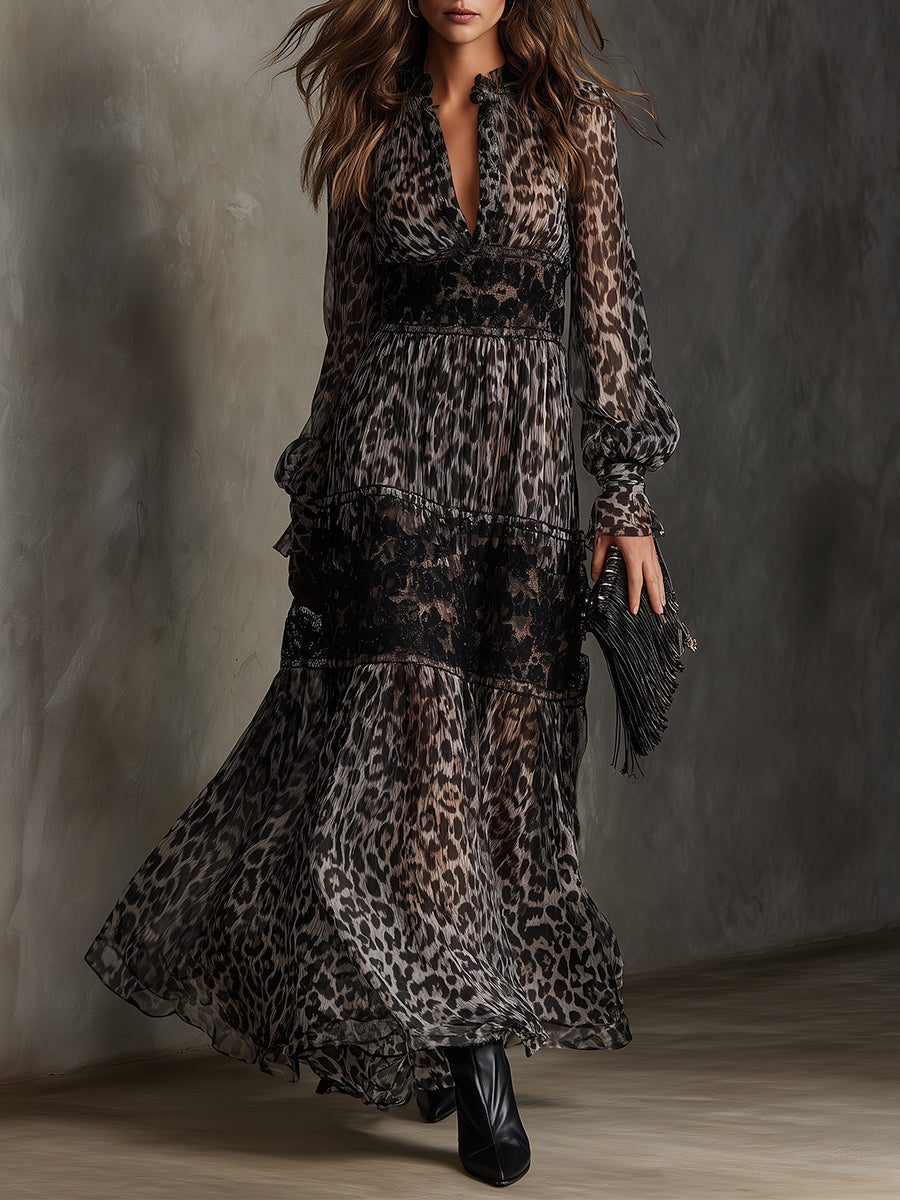Bohemian Leopard Print Lace Chiffon Patchwork Pleated Maxi Dress – BCSHARED