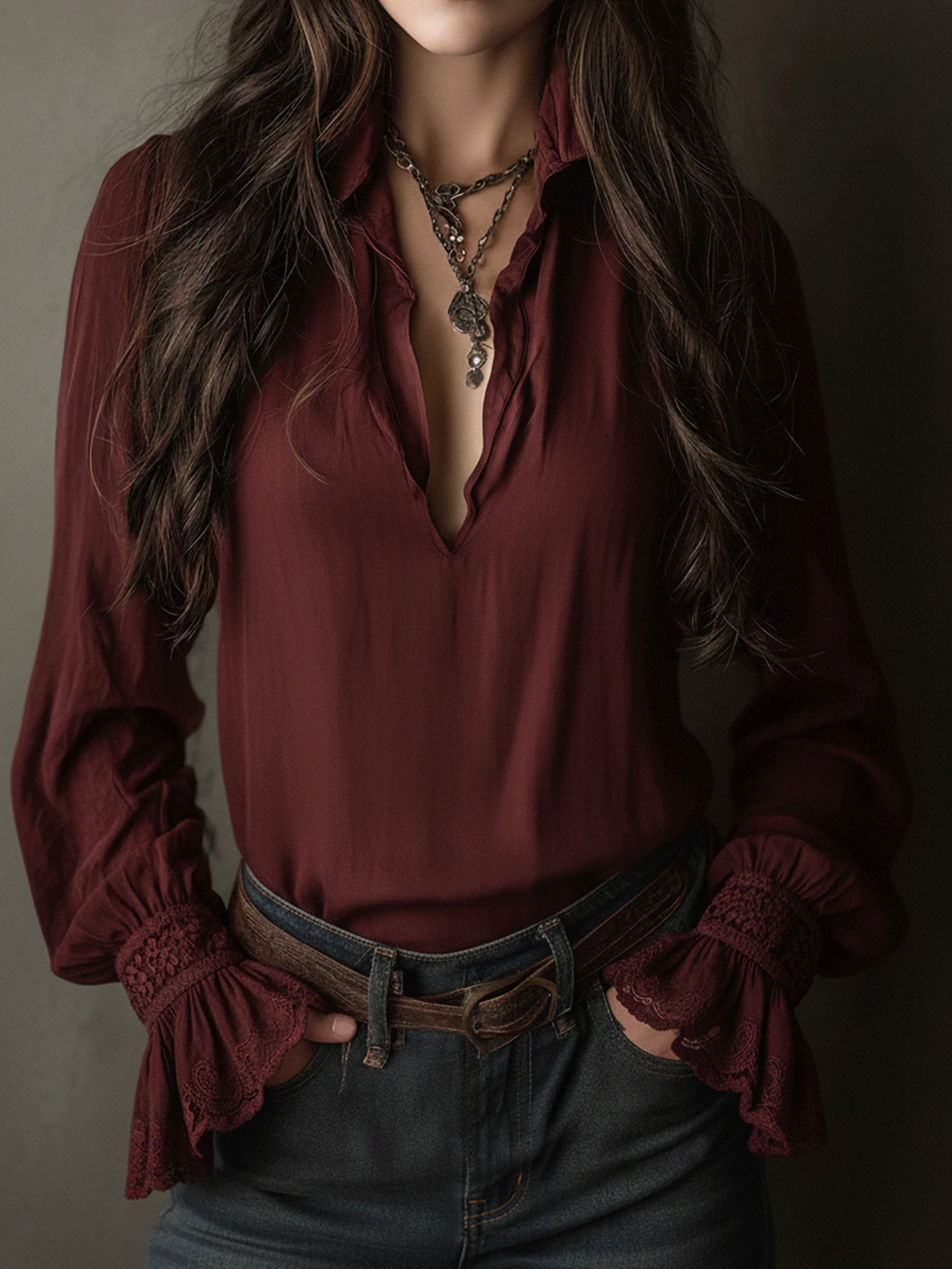 Boho V-Neck Deep Wine Red Blouse With Lace Cuffs – BCSHARED