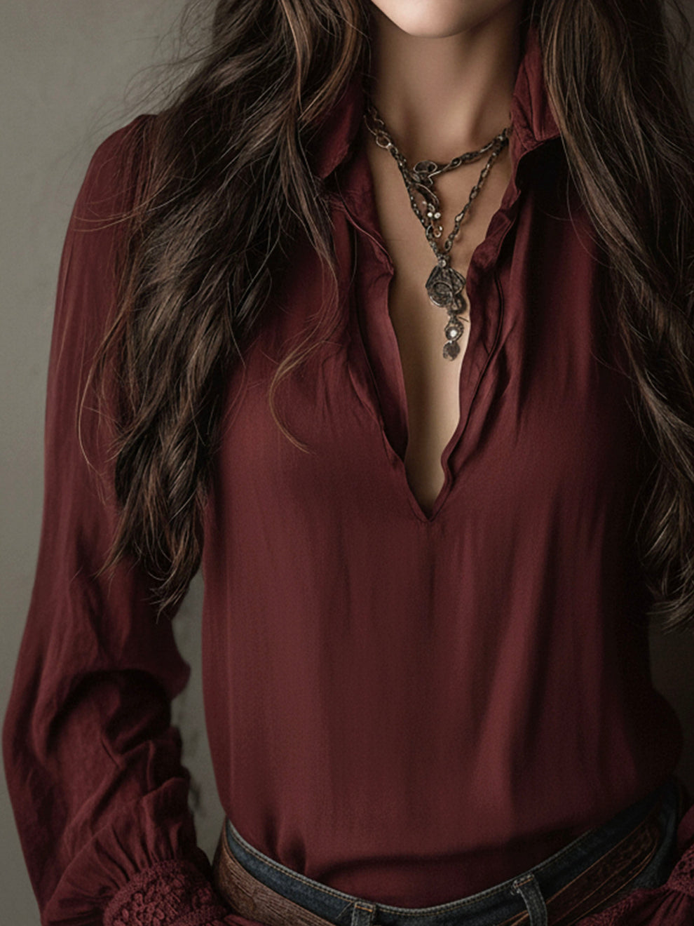 Boho V-Neck Deep Wine Red Blouse With Lace Cuffs – BCSHARED