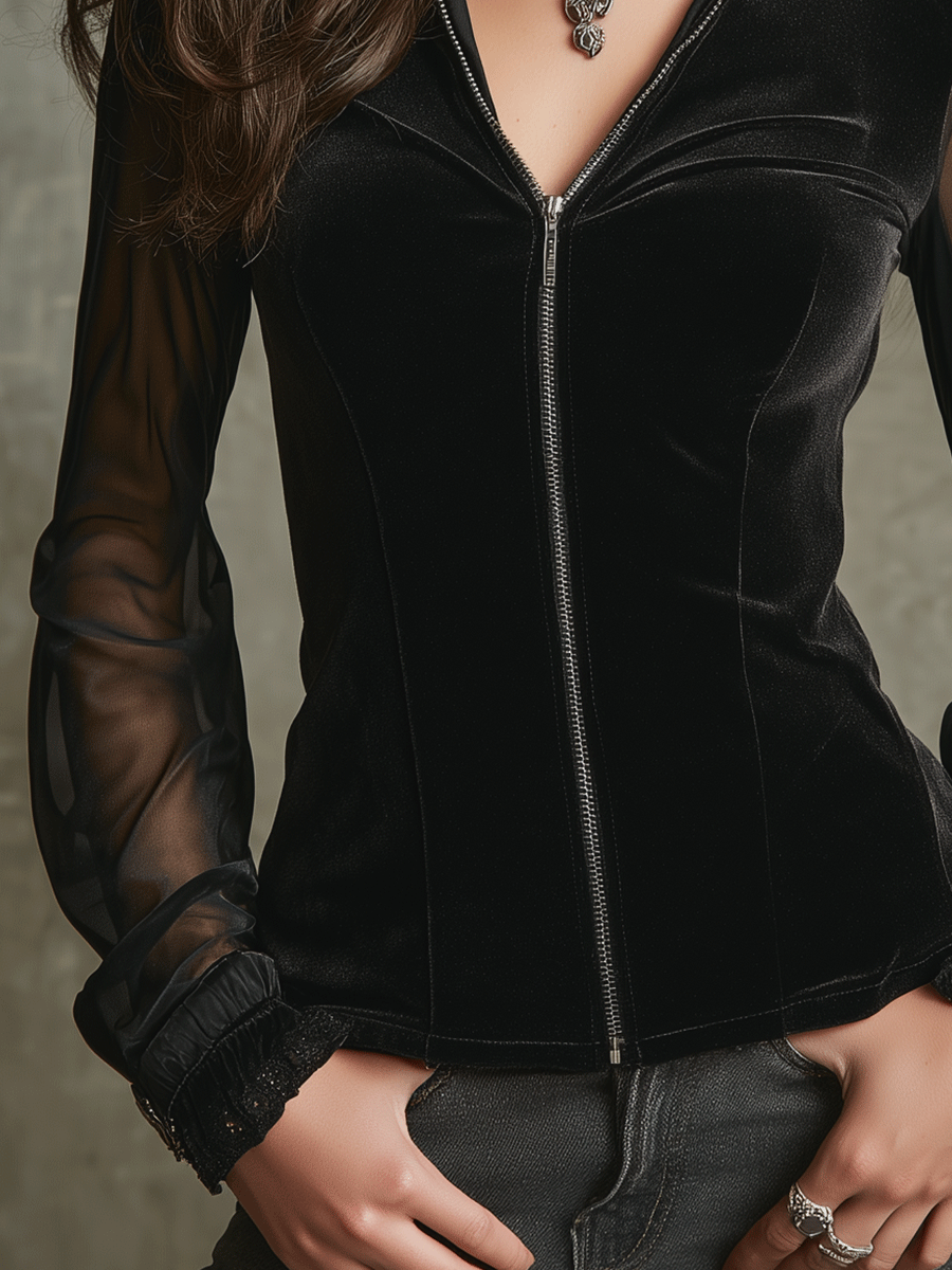 Vintage Black Velvet Zip Up Sheer Sleeves Blouse Bcshared