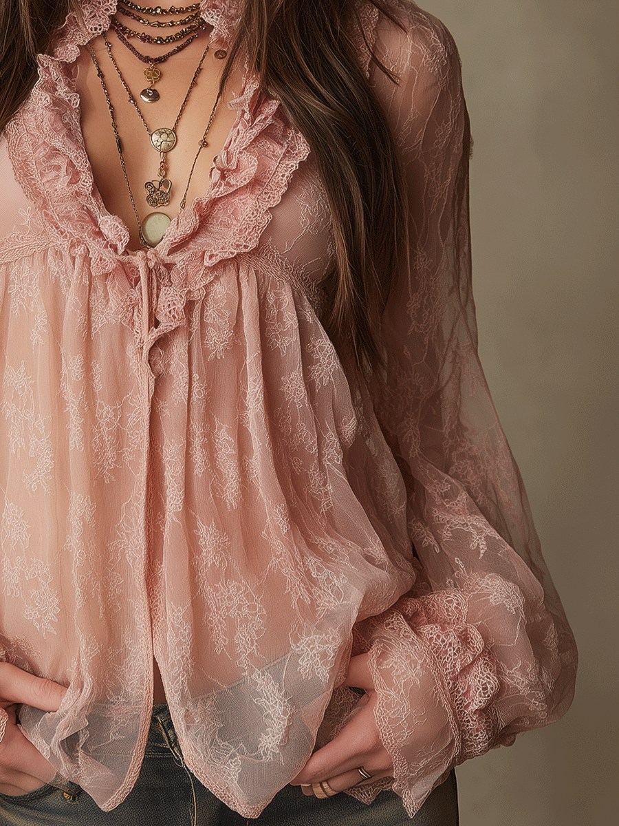 Romantic Blush Boho Sheer Ruffle Blouse – BCSHARED