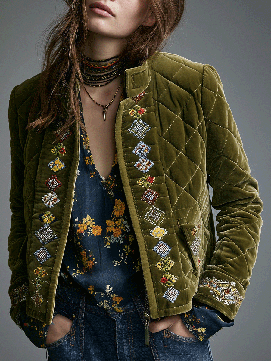 Heritage Olive Green Embroidered Velvet Quilted Jacket – BCSHARED