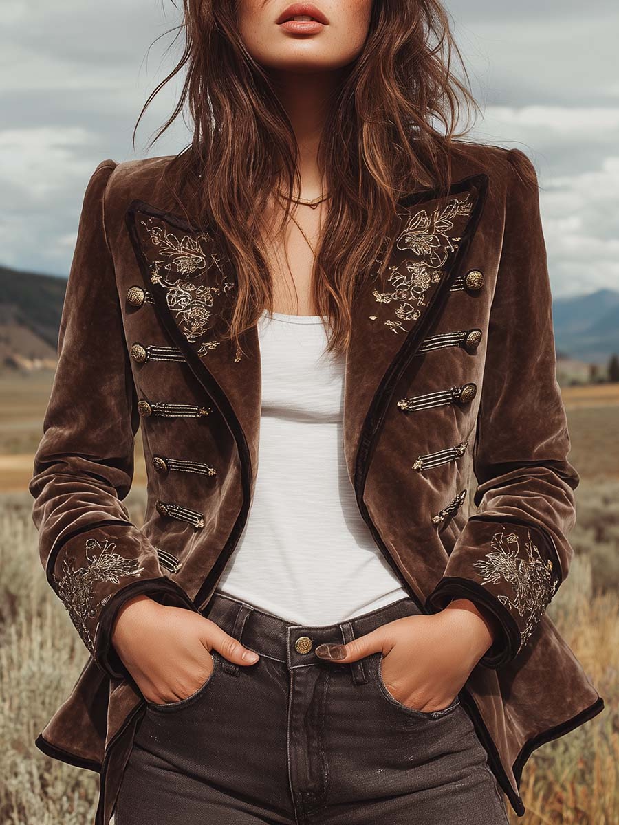 Vintage Bohemian Style Velvet Lapel Embroidered Double-breasted Jacket ...
