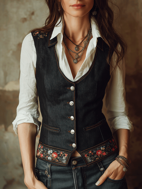 Vintage Bohemian Embroidered Denim Slim-Fit Vest – BCSHARED