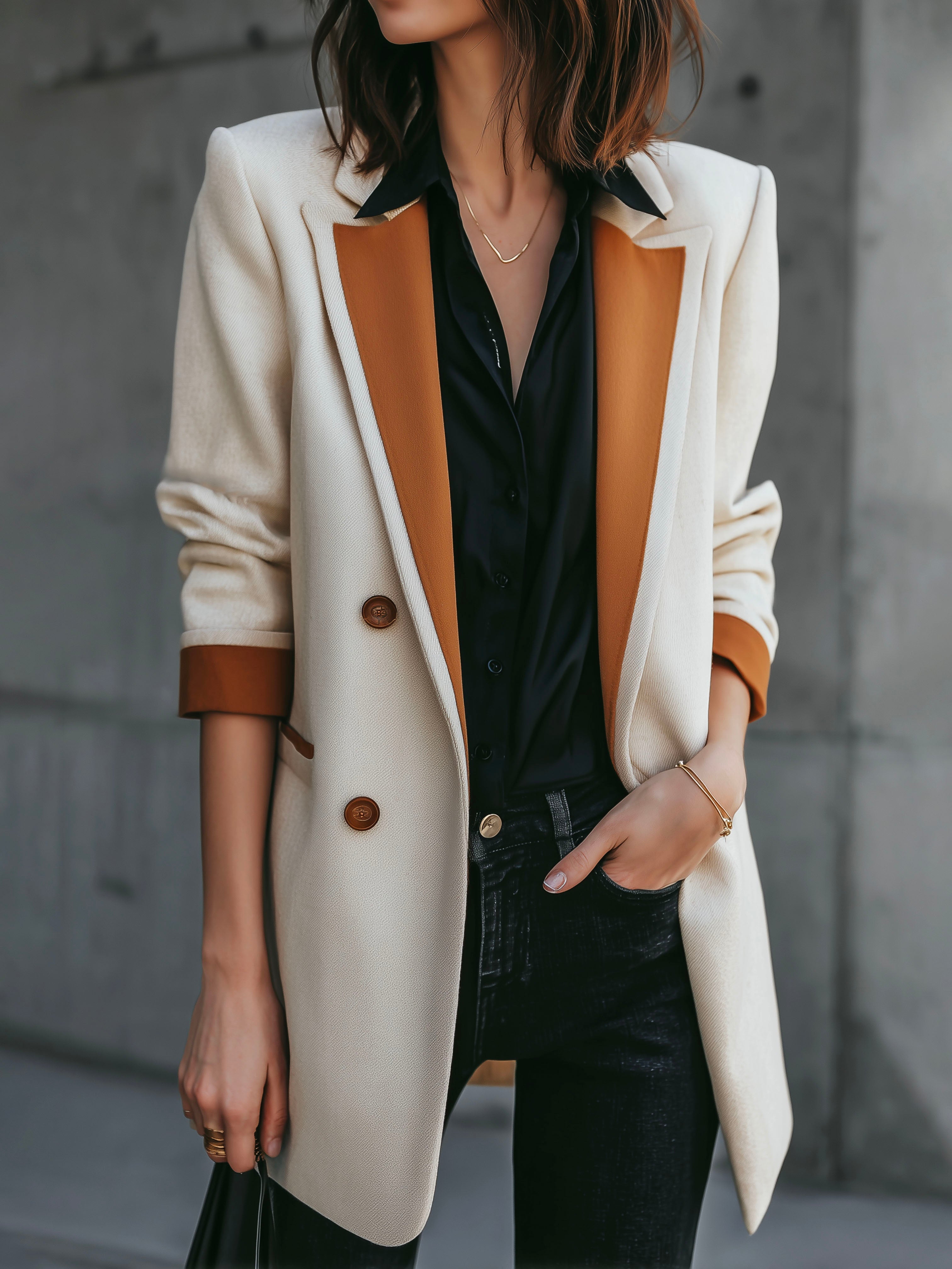 Chic Wool Blend Double-Breasted Contrast Trim Long Blazer – BCSHARED
