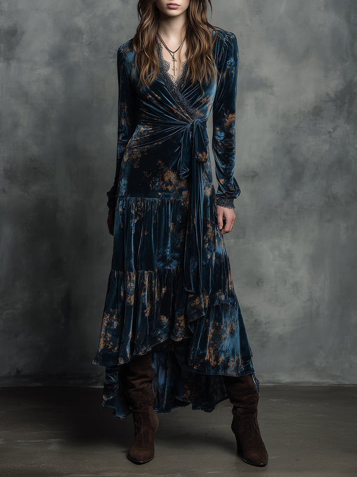Quiet-boho Azure Mirage Velvet Wrap Maxi Dress – BCSHARED