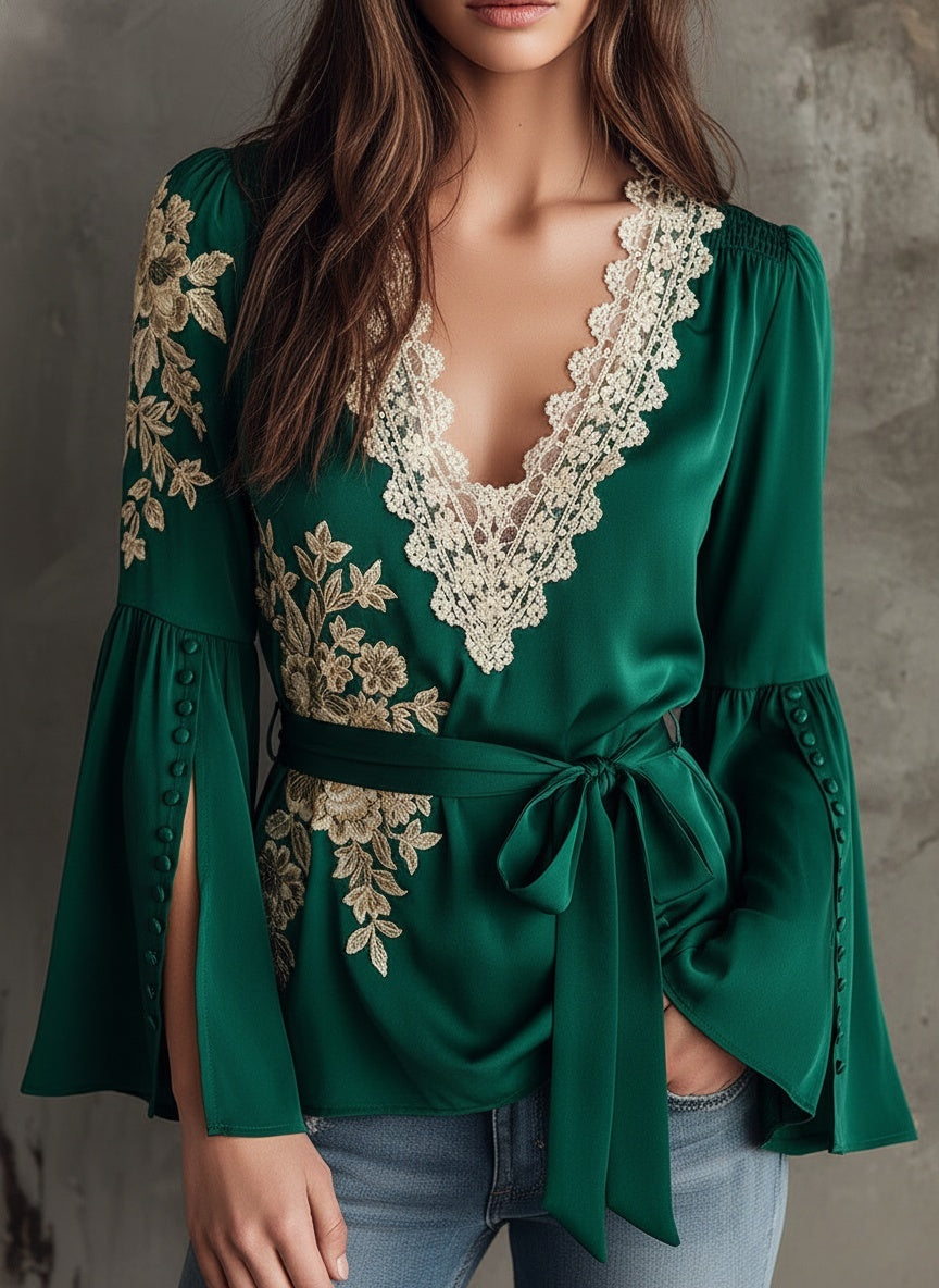 Elegant Emerald Green Embroidered Lace Blouse – BCSHARED