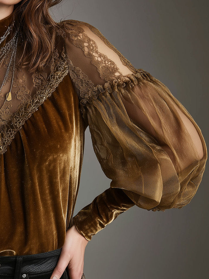 Retro Gold Velvet Lace Patchwork Balloon Sleeve Blouse – BCSHARED
